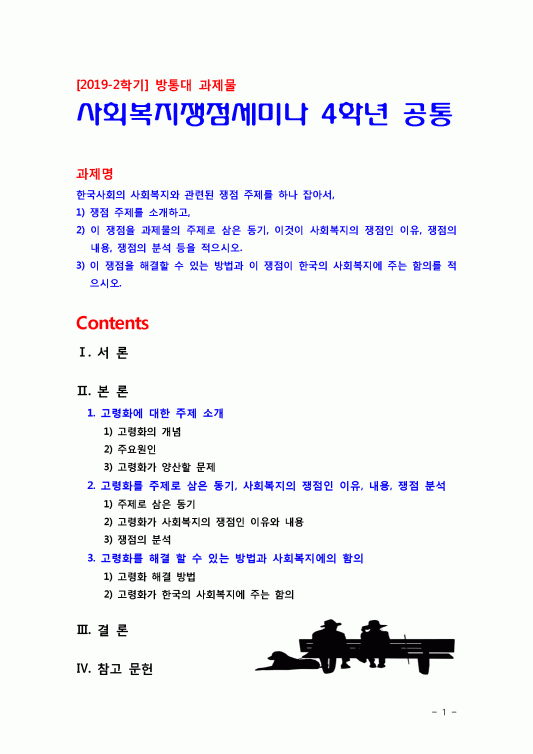 [2019 사회복지쟁점세미나][고령화출처표기] 한국사회의 사회복지와 관련된 쟁점 주제를 하나 잡아서 1)쟁점 주제를 소개하고 2)이 쟁점을 과제물의 주제로 삼은 동기 이것이 사회복지의 쟁점인 이유, 쟁점의 내용, 쟁점의 분석 등을 적으시오. 3) 이 쟁점을 해결할 수 있는 방법과 이 쟁점이 한국의 사회복지에 주는 함의를 적으시오.