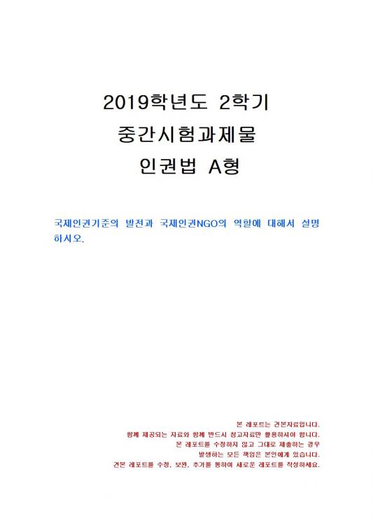 2019년 2학기 인권법 중간시험과제물 A형(국제인권기준의 발전과 국제인권NGO)