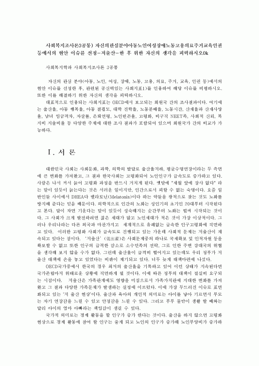 사회복지조사론3공통) 자신의관심분야아동노인여성장애노동고용의료주거교육인권등에서의 현안 이슈를 선정-저출산-한 후 위한 자신의 생각을 피력하시오0k