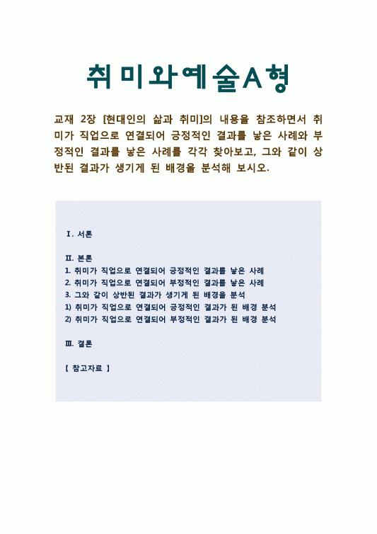 [취미와예술A형] 교재 2장 현대인의 삶과 취미 취미가 직업으로 연결되어 긍정적인 결과를 낳은 사례와 부정적인 결과를 낳은 사례 상반된 결과가 생기게 된 배경을 분석