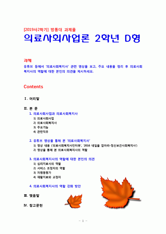 [2019 의료사회사업론2D][출처표기] 유튜브 등에서 ‘의료사회복지사’ 관련 영상을 보고 주요 내용을 정리 후 의료사회복지사의 역할에 대한 본인의 의견을 제시하세요