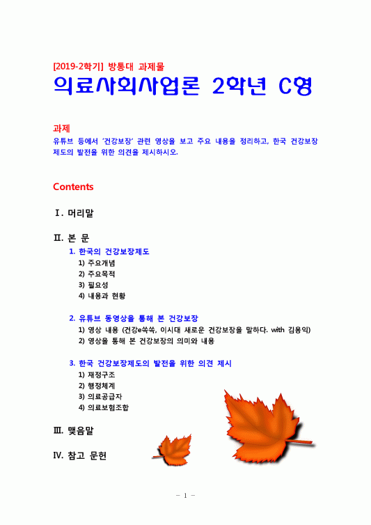 [2019 의료사회사업론2C] 유튜브 등에서 ’건강보장‘ 관련 영상을 보고 주요 내용을 정리하고 한국 건강보장제도의 발전을 위한 의견을 제시하시오