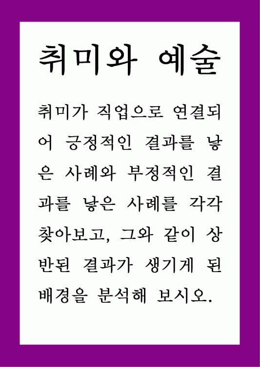 공통교양 = 취미와예술 = 교재 2장 [현대인의 삶과 취미]의 내용을 참조하면서 취미가 직업으로 연결되어 긍정적인 결과를 낳은 사례와 부정적인 결과를 낳은 사례를 각각 찾아보고 그와 같이 상반된 결과가 생기게 된 배경을 분석해 보시오