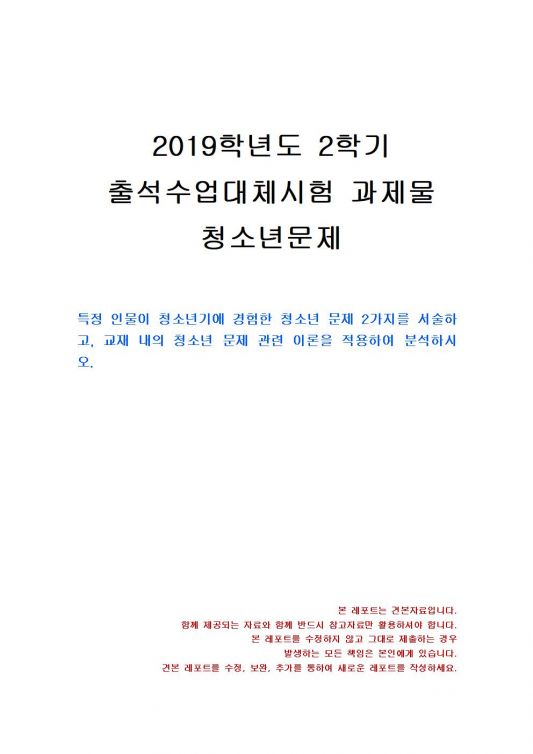 2019년 2학기 청소년문제 출석수업대체시험 과제물