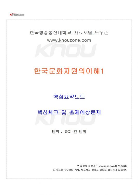 2019년 2학기 한국문화자원의이해1 교재전범위 핵심요약노트