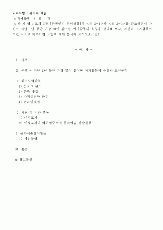 [취미와예술] (만점레포트) 교재 3장 [한국인의 취미생활]의 <표 3-1>과 <표 3-2>를 참조하면서 자신이 지난 1년 동안 가장 많이 참여한 여가활동의 유형을 정리해 보고 자신의 여가활동이 그런 식으로 이루어진 요인에 대해 분석해 보시오