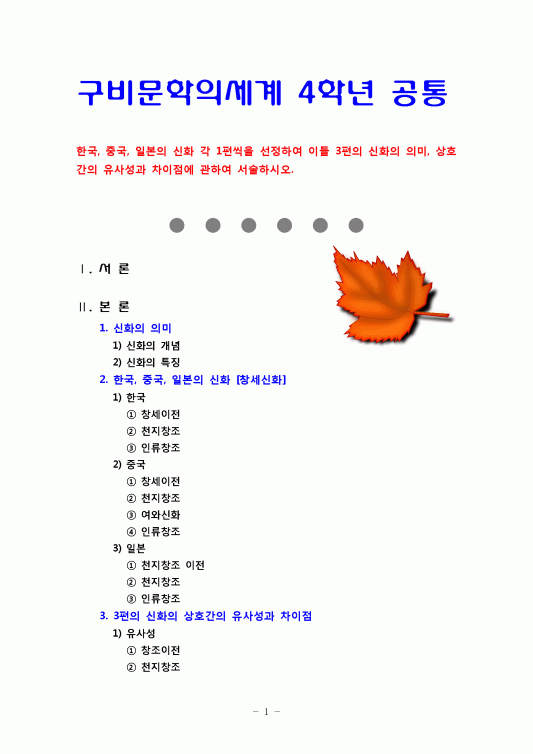 [2020 구비문학의세계 4학년 공통] 한국 중국 일본의 신화 각 1편씩을 선정하여 이들 3편의 신화의 의미 상호간의 유사성과 차이점에 관하여 서술하시오