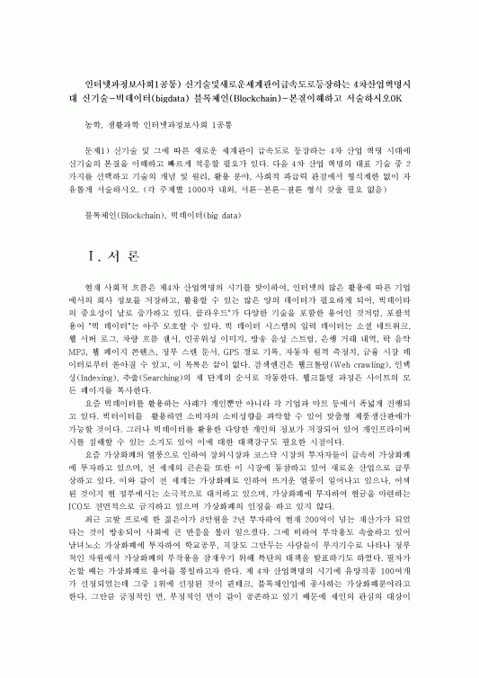 인터넷과정보사회1공통) 신기술및새로운세계관이급속도로등장하는 4차산업혁명시대 신기술-빅데이터(bigdata) 블록체인(Blockchain)-본질이해하고 서술하시오0K