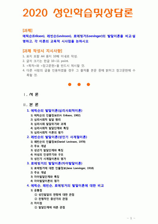 [성인학습및상담 2020] 에릭슨(Erikson), 레빈슨(Levinson), 로에빙거(Loevinger)의 발달이론을 비교·설명하고, 각 이론의 교육적 시사점을 논하시오