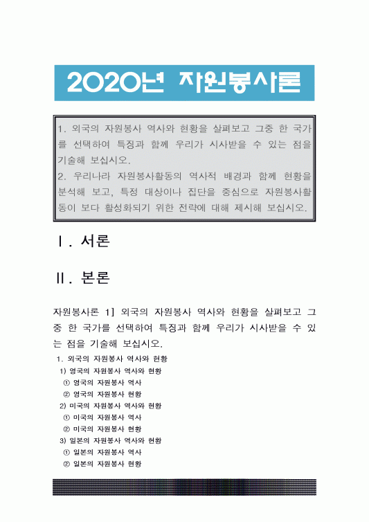 자원봉사론] 1. 외국의 자원봉사 역사와 현황을 살펴보고 그중 한 국가를 선택하여 특징과 함께 우리가 시사받을 수 있는 점-자원봉사론 외국의자원봉사역사와현황 2. 우리나라 자원봉사활동의 역사적 배경과 함