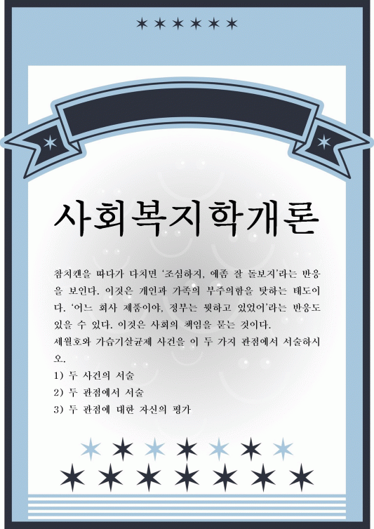 공통교양 = 사회복지학개론 = 참치캔을 따다가 다치면 ‘조심하지, 애좀 잘 돌보지’라는 반응을 보인다 개인과 가족의 부주의함을 탓하는 태도이다. ‘어느 회사 제품이야 정부는 뭣하고 있었어라는 반응도 있을 수 있