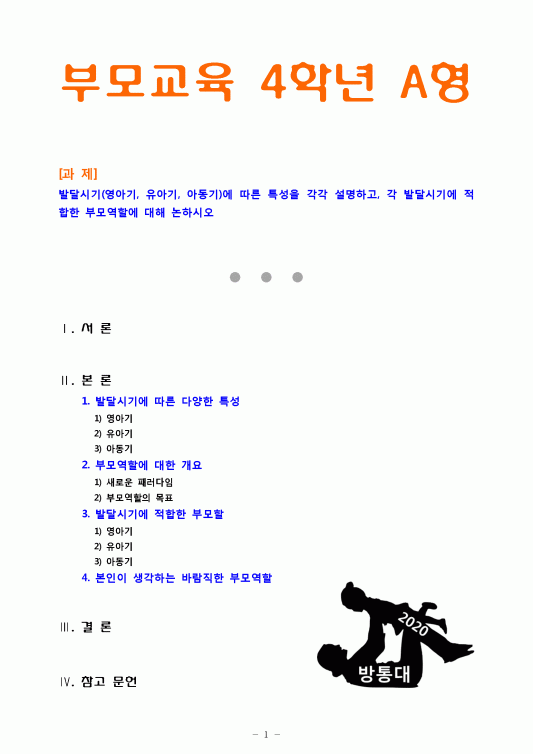 [부모교육4A 2020] 발달시기(영아기, 유아기, 아동기)에 따른 특성을 각각 설명하고, 각 발달시기에 적합한 부모역할에 대해 논하시오