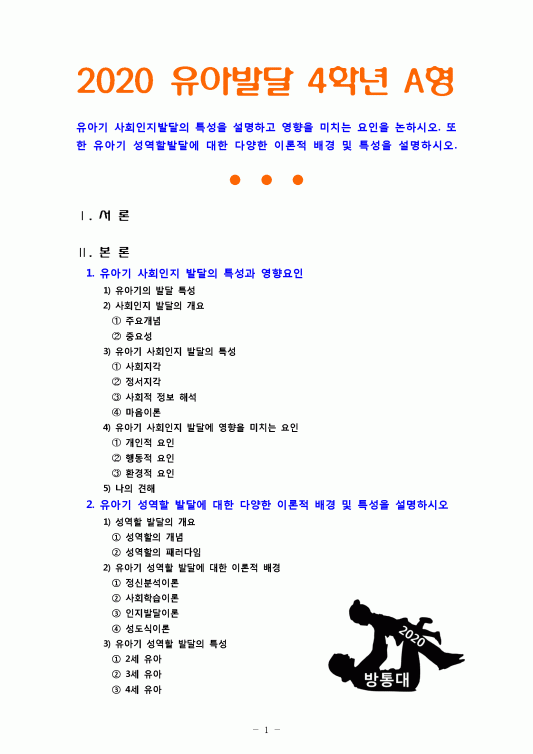 [2020 유아발달4A][출처표기] 유아기 사회인지발달의 특성을 설명하고 영향을 미치는 요인을 논하시오. 또한 유아기 성역할발달에 대한 다양한 이론적 배경 및 특성을 설명하시오.