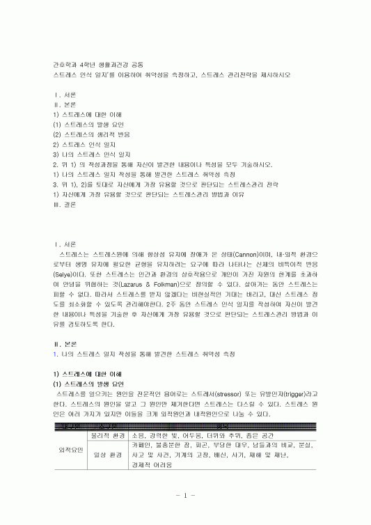 스트레스 인식 일지를 이용하여 취약성을 측정하고 스트레스 관리전략을 제시하시오