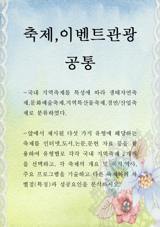 관광 = 축제이벤트관광 =  다섯 가지 유형에 해당하는 축제를 인터넷,도서,논문,문헌 자료 등을 활용하여 유형별로 각각 국내 지역축제 2개씩을 선택하고, 각 축제의 개요 및 목적,역사,주요 프로그램을 기술하고 다