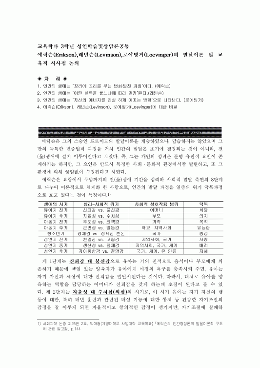 에릭슨(Erikson),레빈슨(Levinson),로에빙거(Loevinger)의 발달이론 및 교육적 시사점 논의