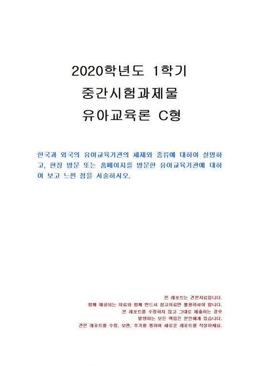 2020년 1학기 유아교육론 중간시험과제물 C형(한국과 외국의 유아교육기관의 체제와 종류)