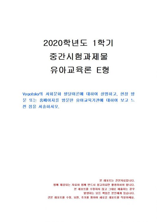 2020년 1학기 유아교육론 중간시험과제물 E형(Vygotsky의 사회문화 발달이론)