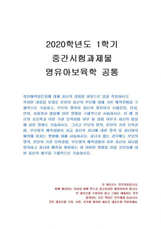 2020년 1학기 영유아보육학 중간시험과제물 공통(성인애착질문지에 대해 자신의 경험)