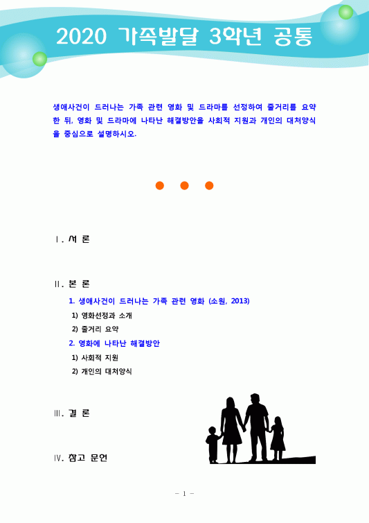 [2020 가족발달 3공통] 생애사건이 드러나는 가족 관련 영화 및 드라마를 선정하여 줄거리를 요약한 뒤, 영화 및 드라마에 나타난 해결방안을 사회적 지원과 개인의 대처양식을 중심으로 설명하시오.