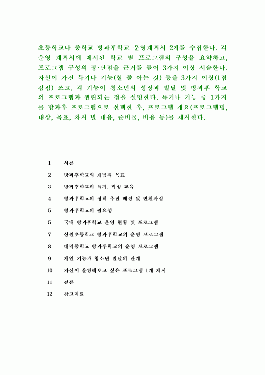 초등학교나 중학교 방과후학교 운영계획서 2개를 수집한다. 각 운영 계획서에 제시된 학교 별 프로그램의 구성을 요약하고, 프로그램 구성의 장·단점을 근거를 들어 3가지 이상 서술한다. 자신이 가진 특기나 기능(할 줄 아는 것) 등을 3가지 이상(1점 감점) 쓰고, 각 기능이 청소년의 성장과 발달 및 방과후 학교의 프로그램과 관련되는 점을 설명한다. 특기나 기