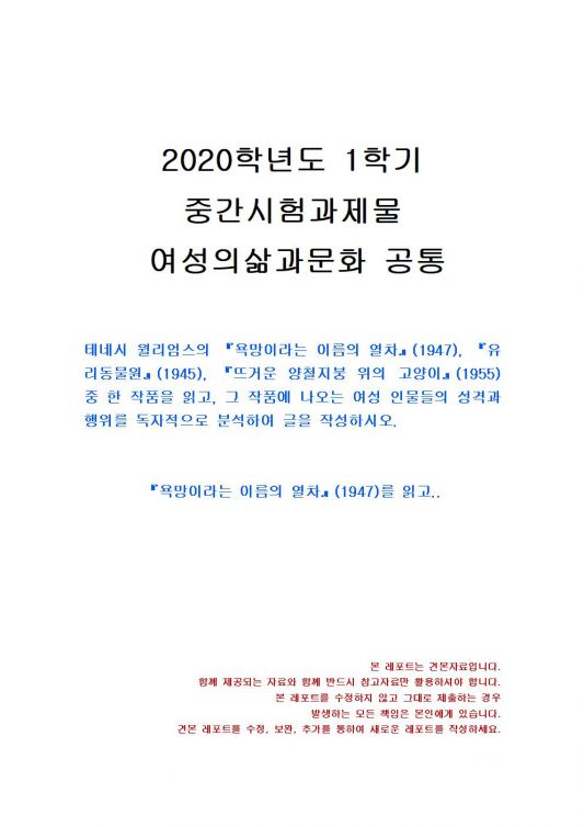 2020년 1학기 여성의삶과문화 중간시험과제물 공통(욕망이라는 이름의 열차)