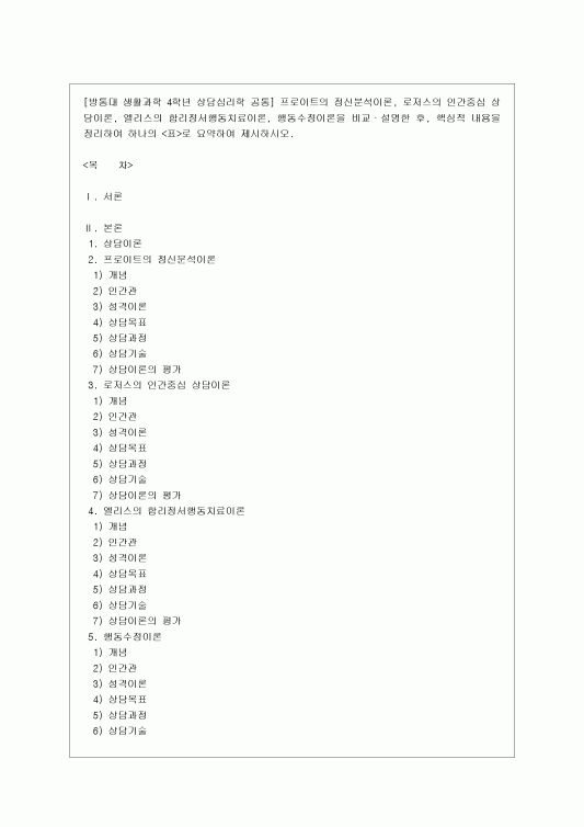 [생활과학과(가정복지)] [방통대 생활과학 4학년 상담심리학 공통] 프로이트의 정신분석이론, 로저스의 인간중심 상담이론, 엘리스의 합리정서행동치료이론, 행동수정이론을 비교·설명한 후, 핵심적 내용을 정리하여 하나의 <표>로 요약하여