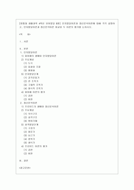 [방통대 생활과학 4학년 유아발달 B형] 인지발달이론과 정신분석이론에 대해 각각 설명하고, 인지발달이론과 정신분석이론 비교와 두 이론의 평가를 논하시오.