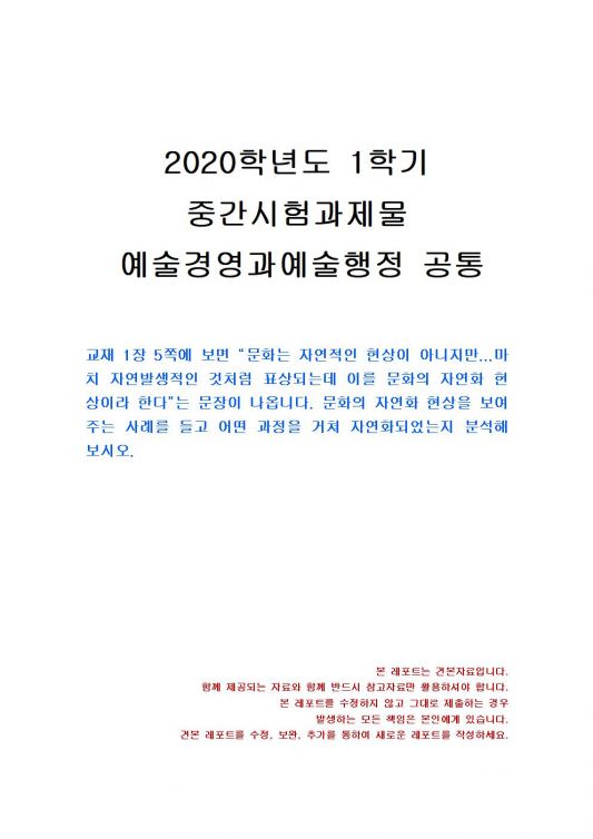 2020년 1학기 예술경영과예술행정 중간시험과제물 공통(문화의 자연화 현상)