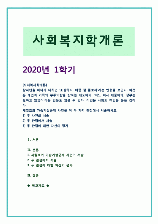[사회복지학개론] 참치캔을 따다가 다치면, 개인과 가족의 부주의함, 사회의 책임, 세월호와 가습기살균제 사건을 이 두 가지 관점에서 서술하시오.
