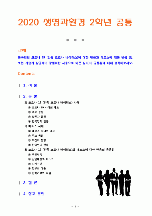[생명과환경 2공통 2020][출처표기] 한국인의 코로나 19 (신종 코로나 바이러스)에 대한 반응과 메르스에 대한 반응 (및 또는 가습기 살균제의 광범위한 사용으로 이끈 심리)의 공통점에 대해 생각해보시오.