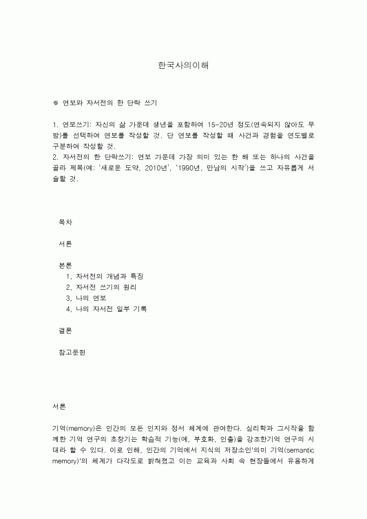 한국사의이해   ※ 연보와 자서전의 한 단락 쓰기  1. 연보쓰기: 자신의 삶 가운데 생년을 포함하여 15-20년 정도(연속되지 않아도 무방)를 선택하여 연보를 작성할 것. 단 연보를 작성할 때 사건과 경험을 연도별로 구분하여 작성할 것. 2. 자서전의 한 단락쓰기: 연보 가운데 가장 의미 있는 한 해 또는 하나의 사건을 골라 제목(예: ‘새로운 도약, 2