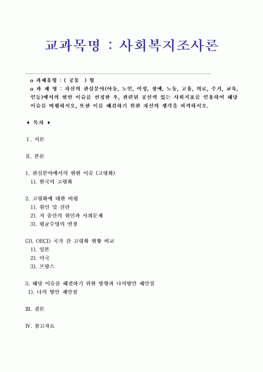 자신의 관심분야(아동, 노인, 여성, 장애, 노동, 고용, 의료, 주거, 교육,    인등)에서의 현안 이슈를 선정한 후, 관련된 공신력 있는 사회지표를 인용하여 해당    이슈를 비평하시오, 또한 이를 해결하기 위한 자