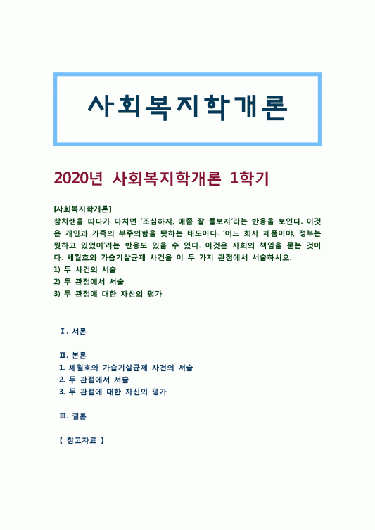 [사회복지학개론] 참치캔을 따다가 다치면 개인과 가족의 부주의함, 사회의 책임, 세월호와 가습기살균제 사건을 이 두 가지 관점에서 서술, 두 사건, 두 관점, 자신의 평가