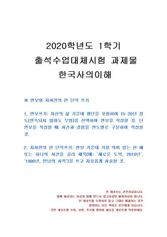 2020년 1학기 한국사의이해 출석수업대체시험 과제물