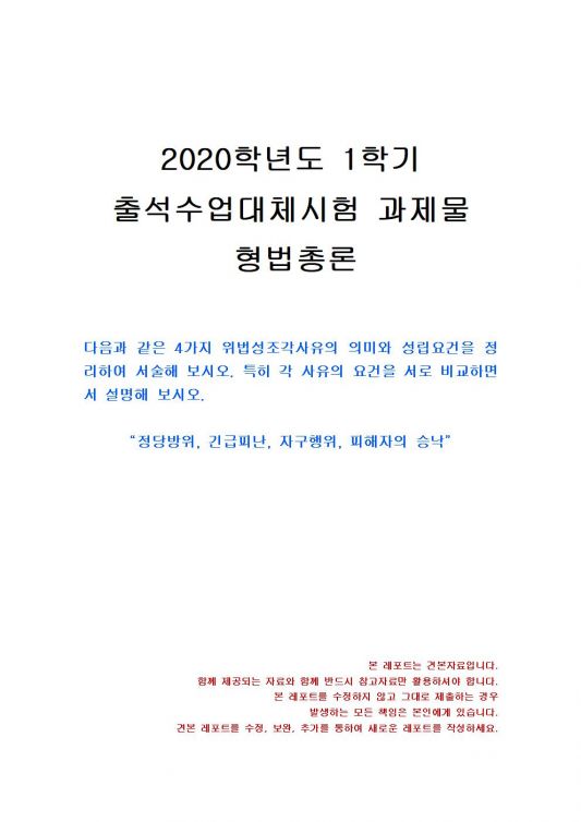 2020년 1학기 형법총론 출석수업대체시험 과제물