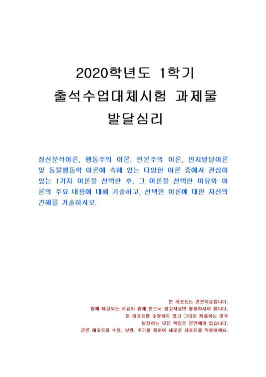 2020년 1학기 발달심리 출석수업대체시험 과제물(인지발달이론, 자신의 견해)