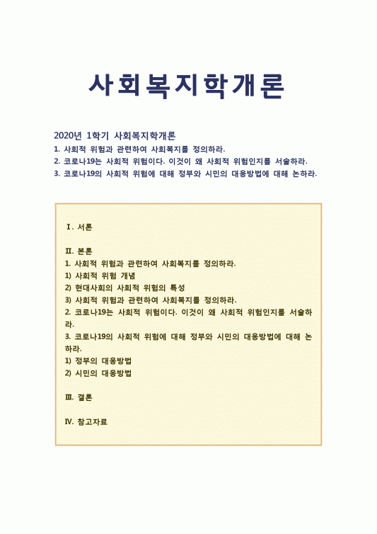 [사회복지학개론] 1. 사회적 위험과 관련하여 사회복지를 정의하라. 2. 코로나19가 왜 사회적 위험인지를 서술 3. 코로나19의 사회적 위험에 대해 정부와 시민의 대응방법