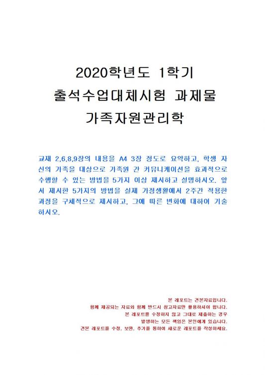 2020년 1학기 가족자원관리학 출석수업대체시험 과제물(가족원 간 커뮤니케이션)