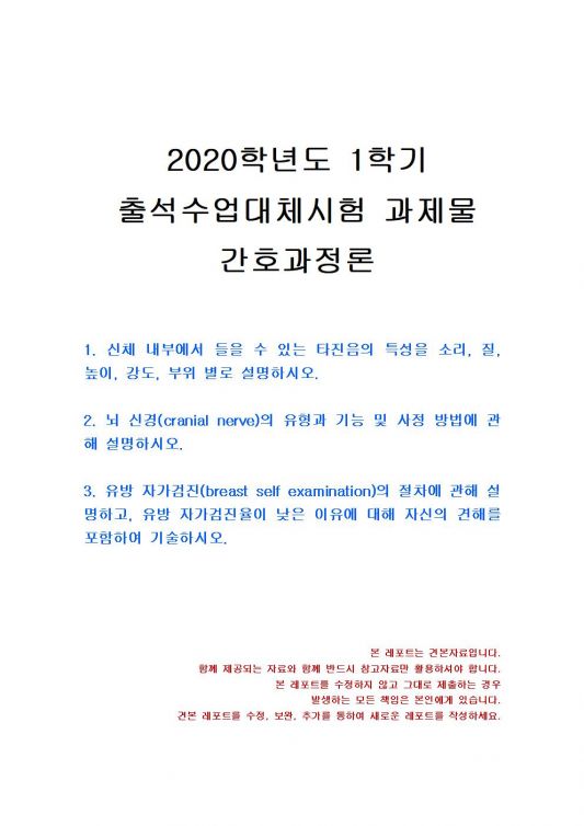 2020년 1학기 간호과정론 출석수업대체시험 과제물(타진음의 특성, 뇌 신경의 유형 등)