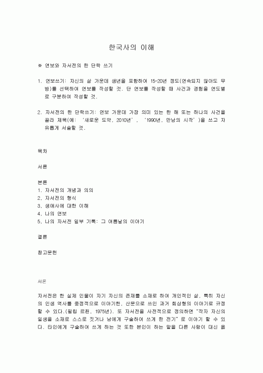 한국사의 이해  ※ 연보와 자서전의 한 단락 쓰기  1. 연보쓰기: 자신의 삶 가운데 생년을 포함하여 15-20년 정도(연속되지 않아도 무방)를 선택하여 연보를 작성할 것. 단 연보를 작성할 때 사건과 경험을 연도별로 구분하여 작성할 것.  2. 자서전의 한 단락쓰기: 연보 가운데 가장 의미 있는 한 해 또는 하나의 사건을 골라 제목(예: ‘새로운 도약,