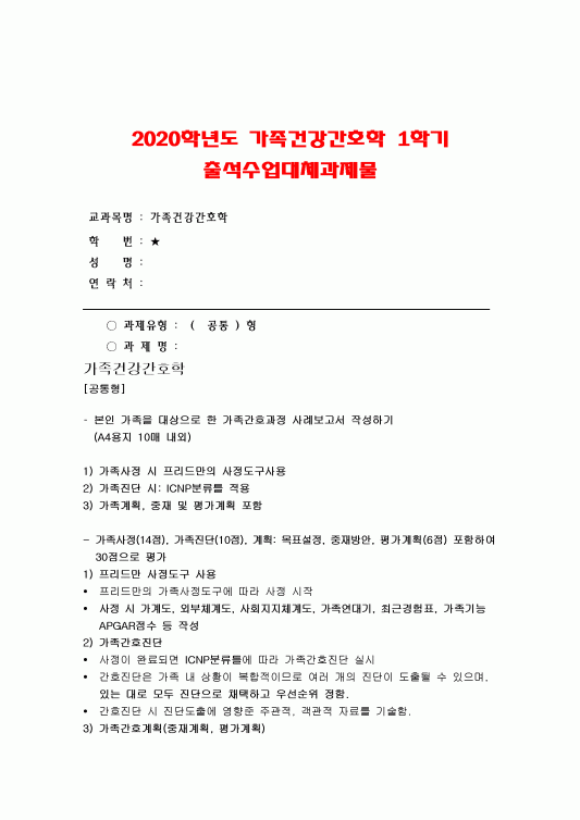 가족건강간호학 2020년-본인 가족을 대상으로 한 가족간호과정 사례보고서 작성하기 가족건강간호학 가족사정 시 프리드만의 사정도구 사용 가족진단 시: ICNP분류틀 적용 가족계획, 중재 및 평가계획 포함 출석수업대체시험 ICNP분류틀