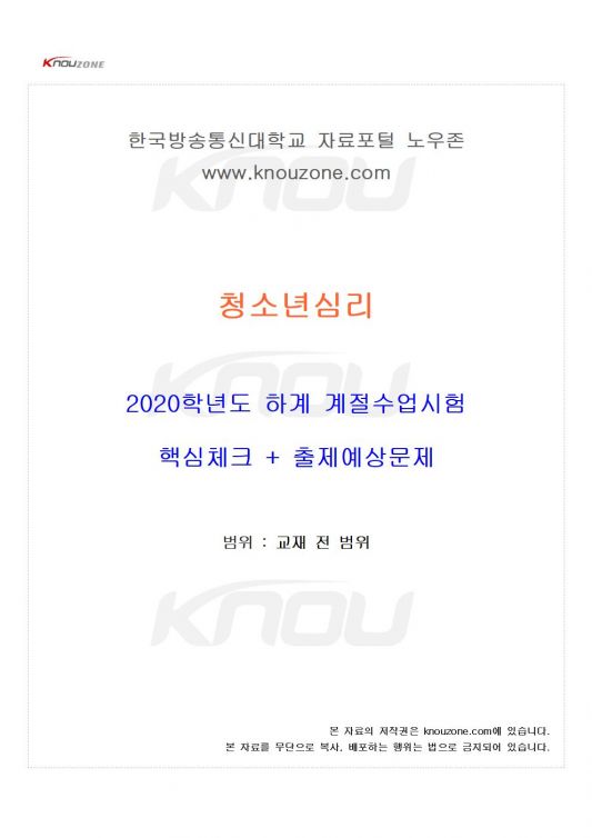 2020년 청소년심리 하계계절시험 핵심체크