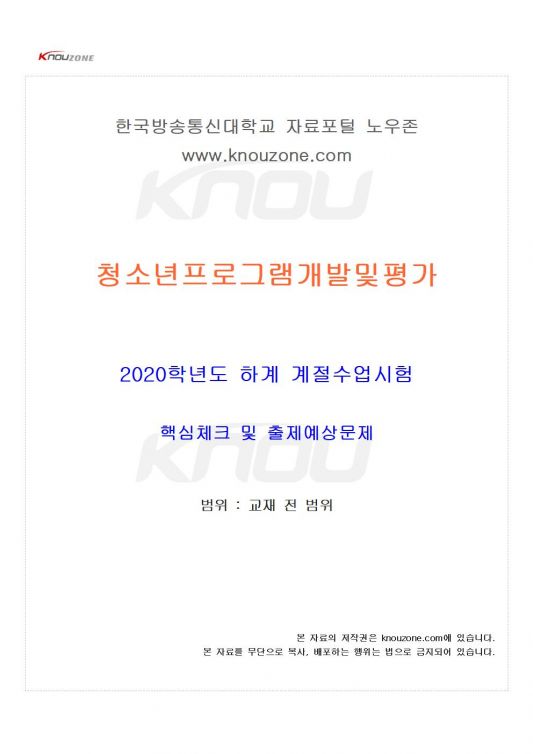 2020년 청소년프로그램개발및평가 하계계절시험 핵심체크