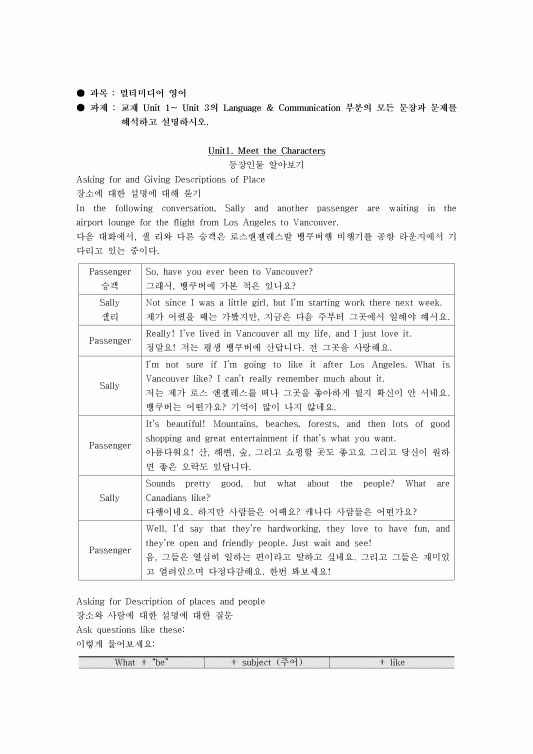 방통대 멀티미디어영어 교재 unit1~unit3의 language & communication 부분의 모든 문장과 문제를 해석