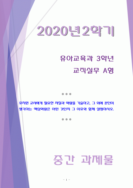 [2020 교직실무 3A] 유치원 교사에게 필요한 자질과 역량을 기술하고, 그 외에 본인이 생각하는 핵심역량은 어떤 것인지 그 이유와 함께 설명하시오.