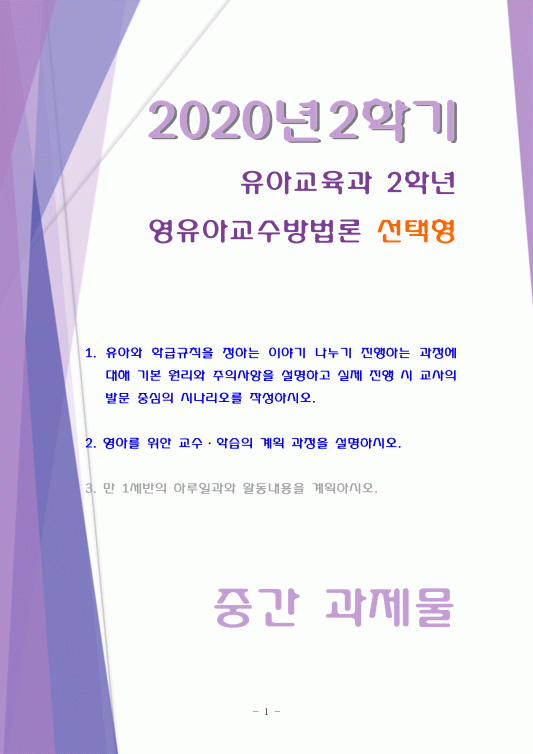 [2020 영유아교수방법론2선택형][1, 2번 선택] 1. 유아와 학급규칙을 정하는 이야기 나누기 진행하는 과정에 대해 기본 원리와 주의사항을 설명하고 실제 진행 시 교사의 발문 중심의 시나리오를 작성하시오. 2. 영아를 위한 교수·학습의 계획 과정을 설명하시오.
