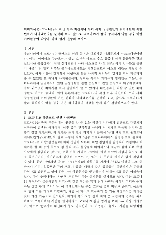 취미와예술-코로나19의 확산 이후 자신이나 우리 사회 구성원들의 취미생활에 어떤 변화가 나타났는지를 분석해 보고, 앞으로 코로나19가 빨리 종식되지 않을 경우 어떤 취미활동이 각광을 받게 될지 전망해 보시오.