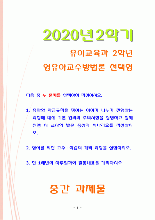 [2020 영유아교수방법론][1,2,3번 패키지] 1.유아와 학급규칙을 정하는 이야기 나누기 진행하는 과정에 대해 기본 원리와 주의사항을 설명하고 실제 진행 시 교사의 발문 중심의 시나리오를 작성하시오. 2.영아를 위한 교수·학습의 계획 과정을 설명하시오. 3.만 1세반의 하루일과와 활동내용을 계획하시오.