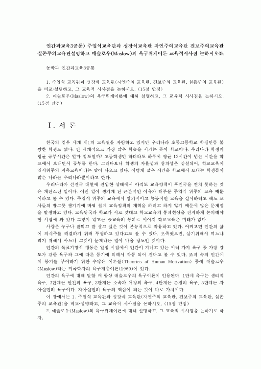 인간과교육3공통) 주입식교육관과 성장식교육관 자연주의교육관 진보주의교육관 실존주의교육관설명하고 매슬로우(Maslow)의 욕구위계이론 교육적시사점 논하시오0k